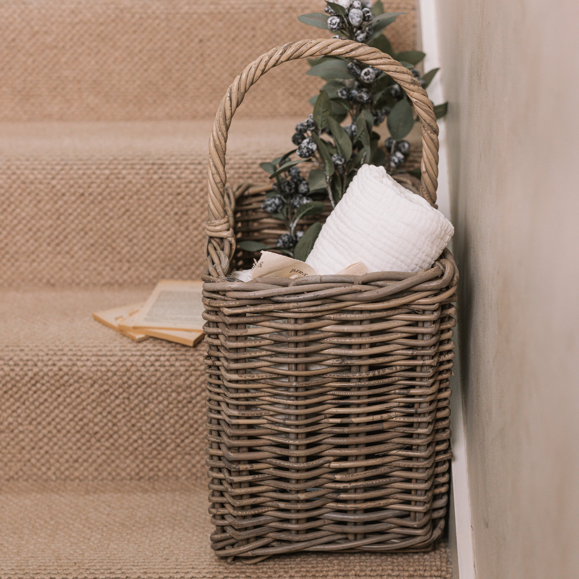 Clemmie Wicker Stair Basket – Silver Mushroom