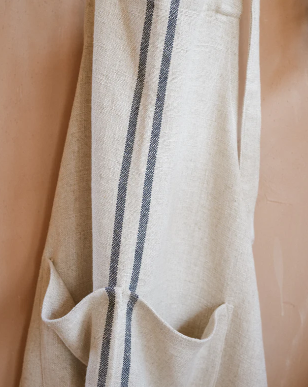 Blue Striped Linen Apron – Silver Mushroom