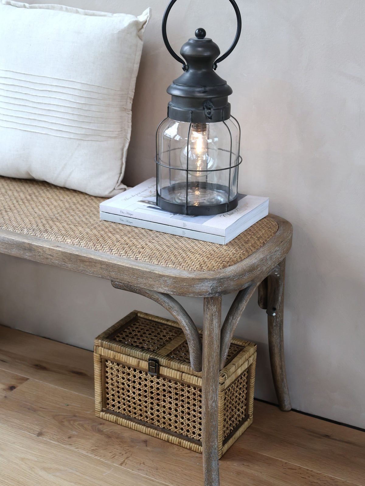 French Farmhouse Rattan Dining Bench – Silver Mushroom