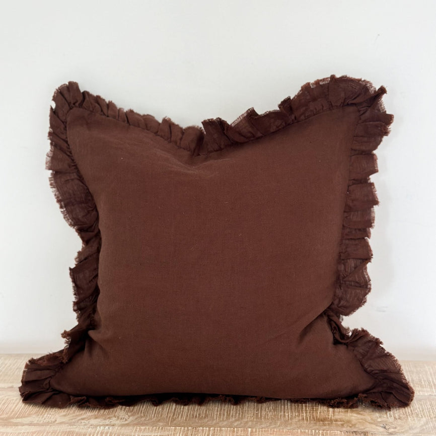 Lucie Linen Brown Striped Ruffle Cushion - 53cm – Silver Mushroom
