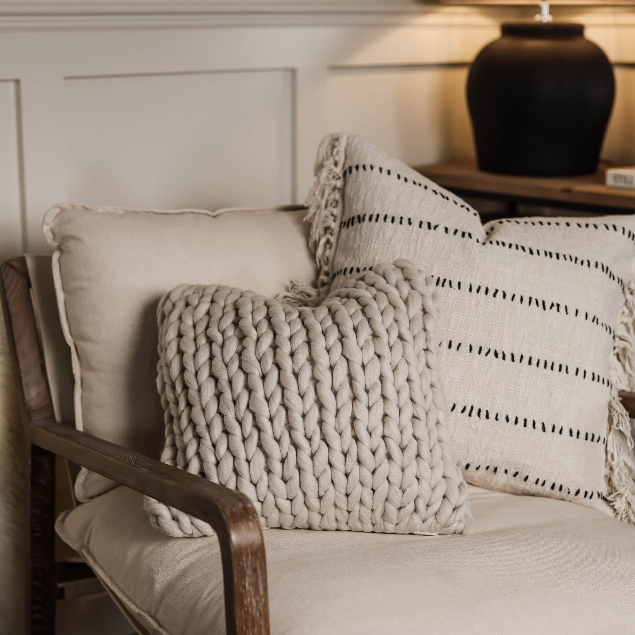 Oakleigh Knitted Cushion Cover – Silver Mushroom