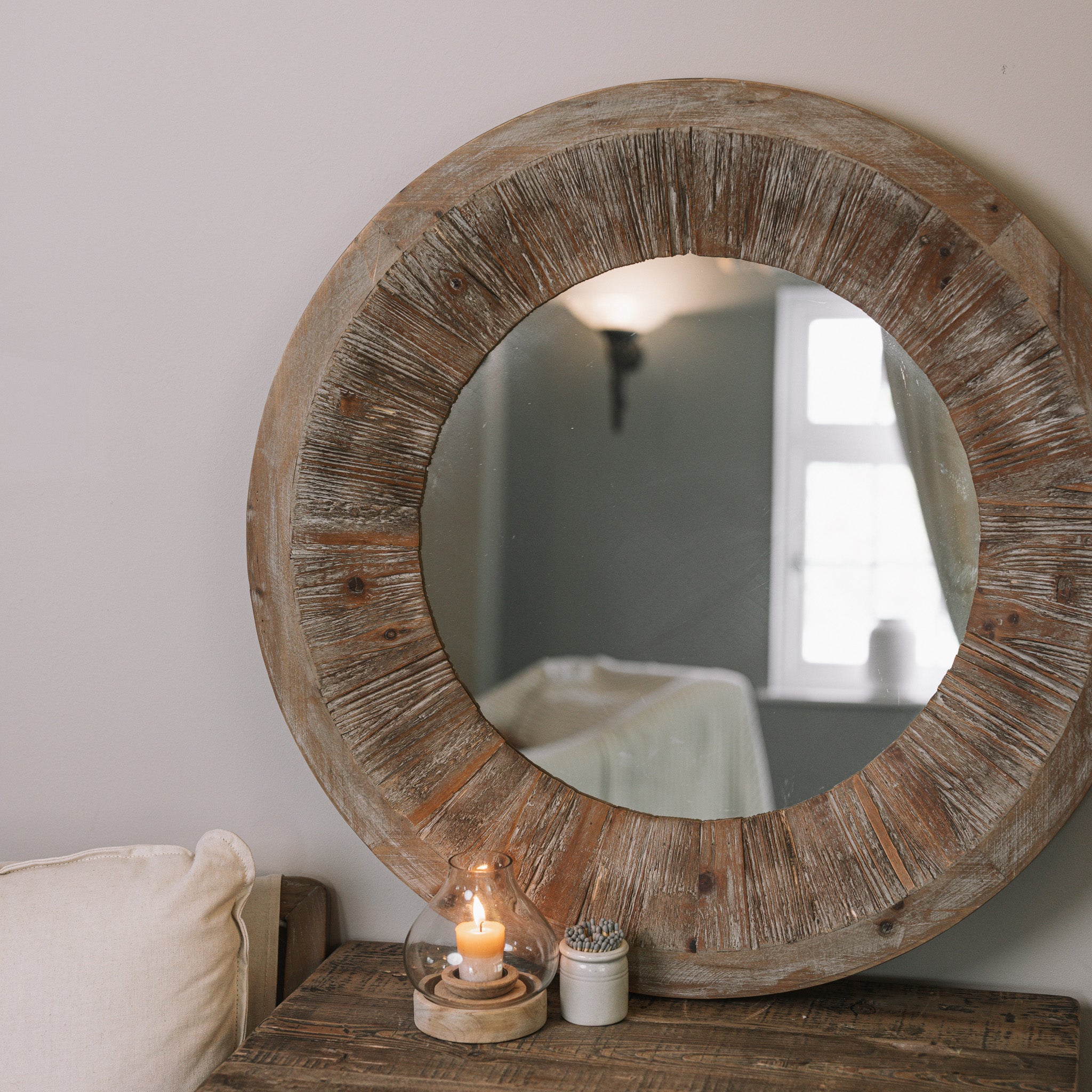Anaya Round Wooden Mirror – Silver Mushroom